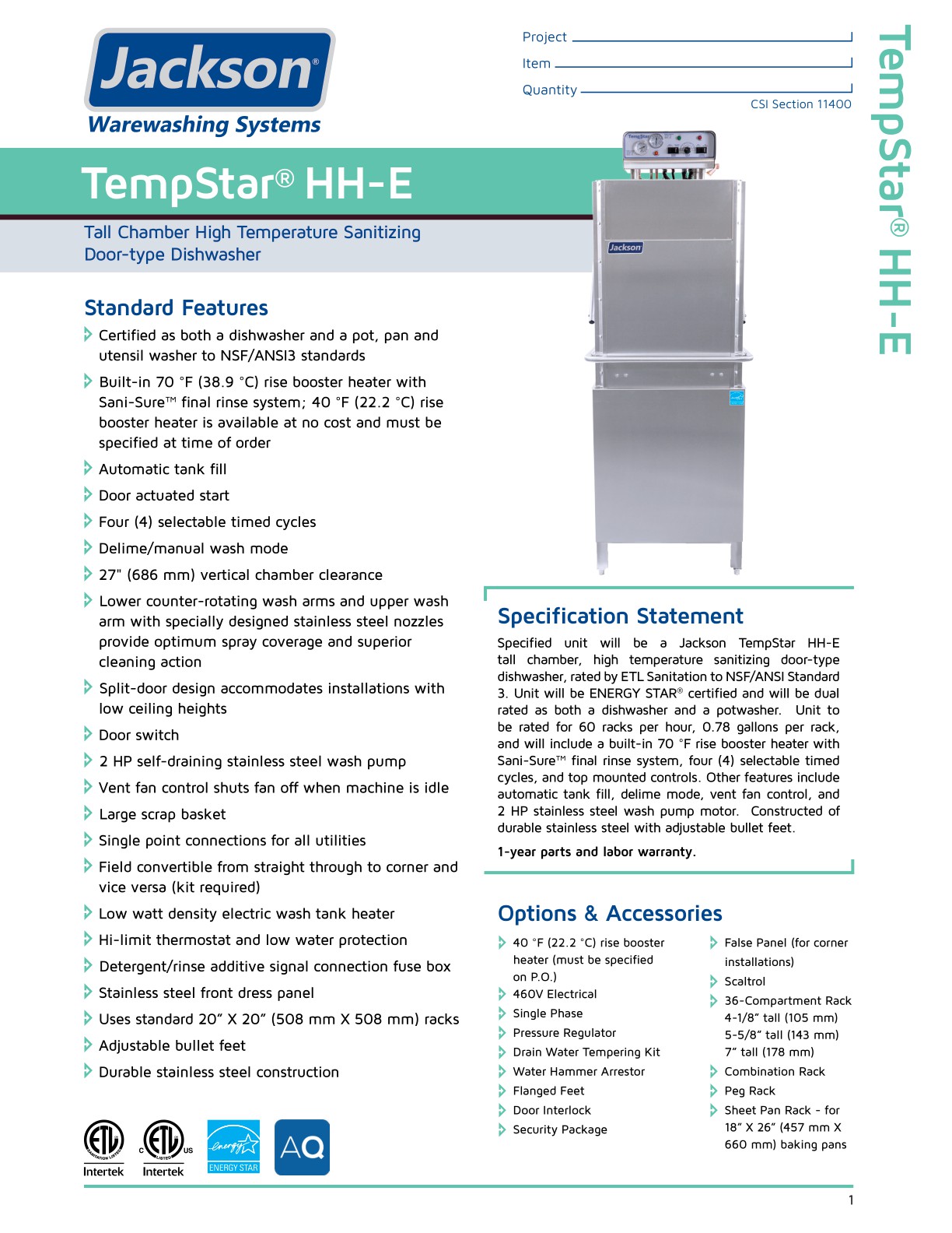 TempStar HH-E Spec Sheet