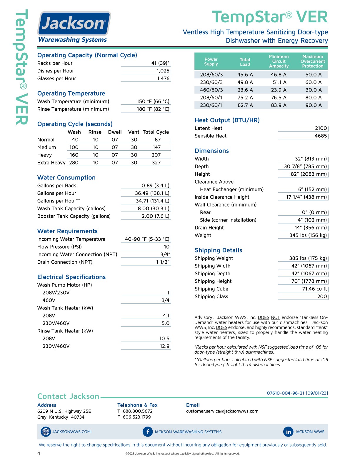 TempStar VER Spec Sheet