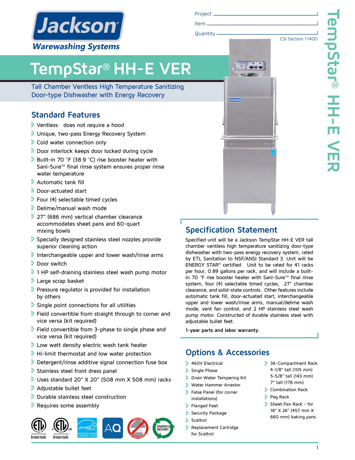 TempStar HH-E VER Spec Sheet