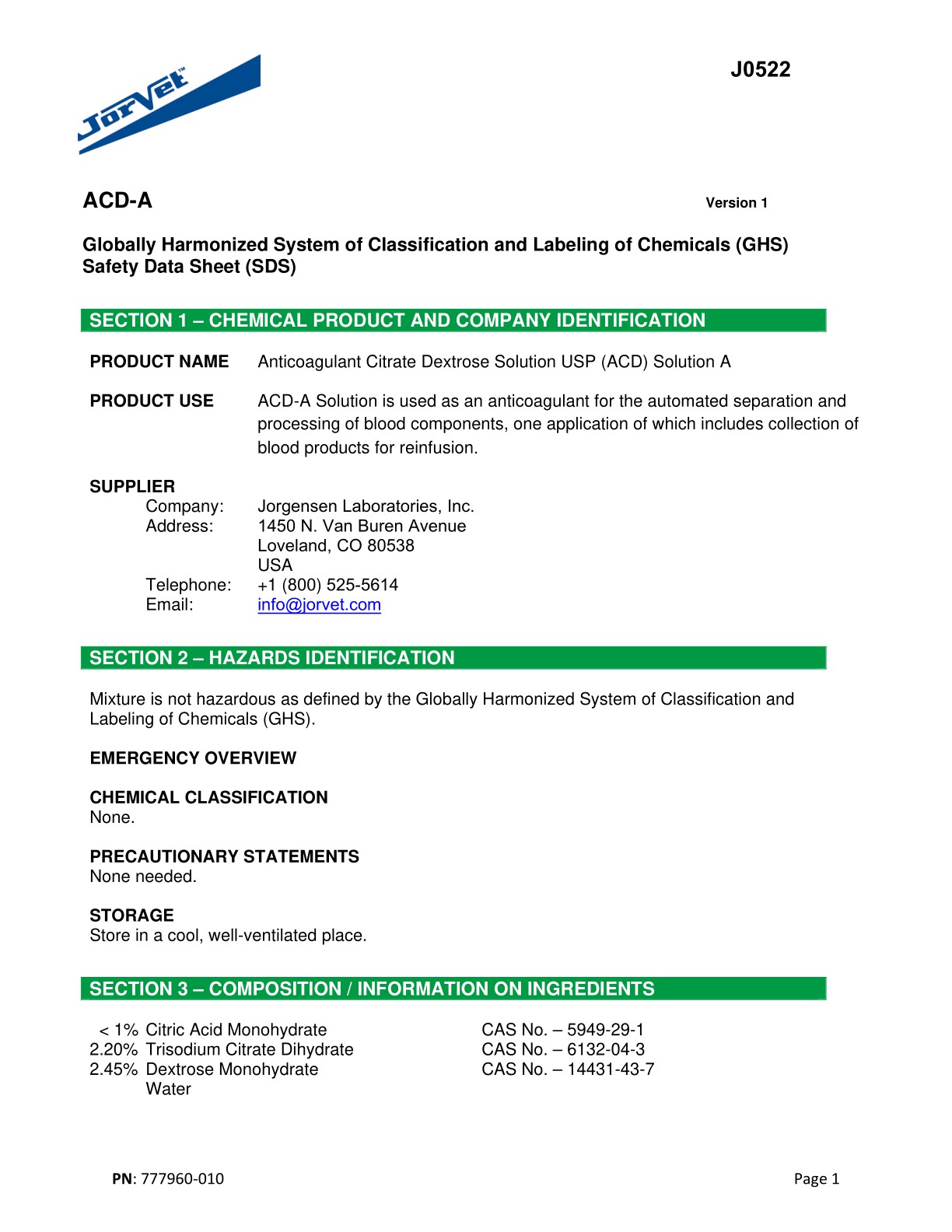 Anticoagulant Citrate Dextrose Solution USP (ACD) Solution A – SDSJ0522